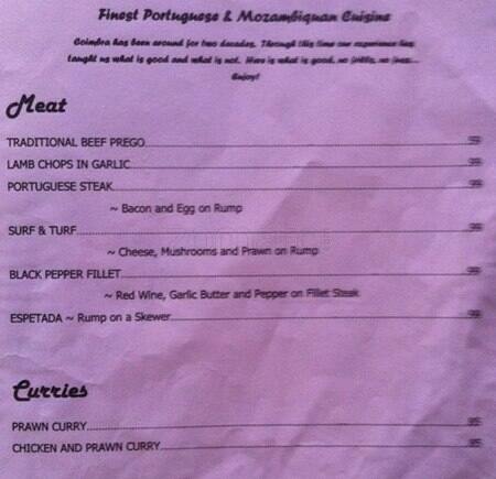 Menu at Coimbra Restaurant, Durban