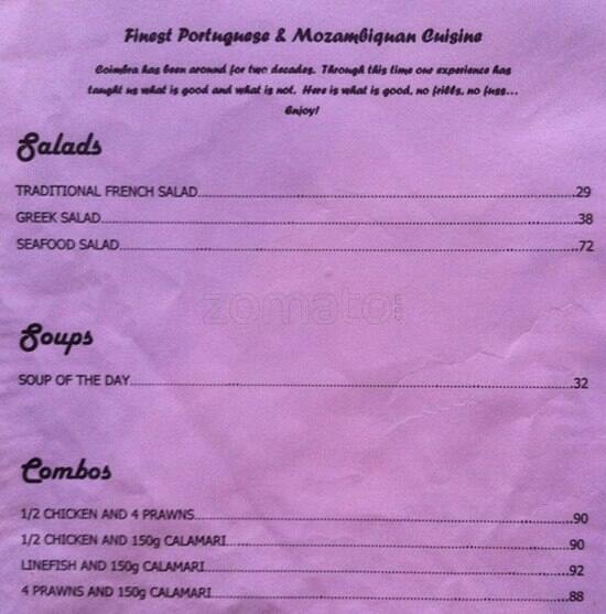 Menu at Coimbra Restaurant, Durban