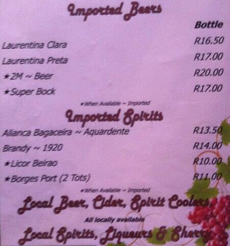 Menu at Coimbra Restaurant, Durban