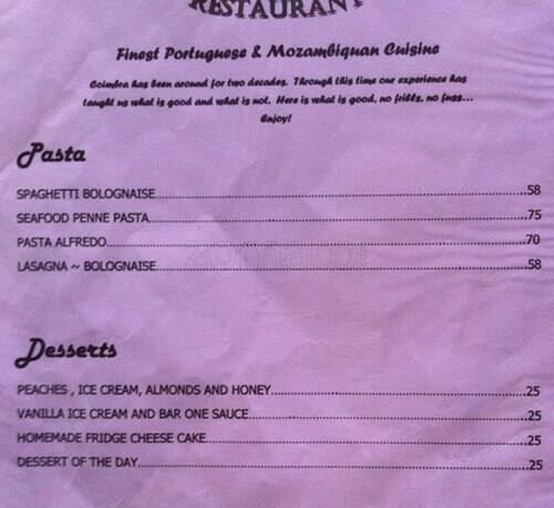 Menu at Coimbra Restaurant, Durban