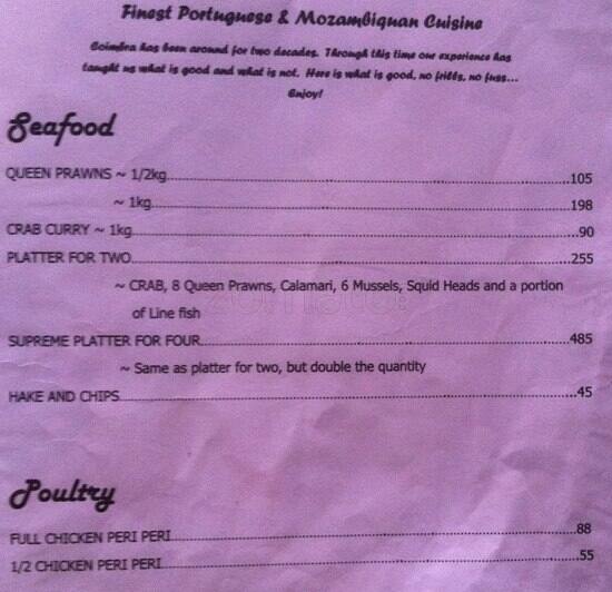 Menu at Coimbra Restaurant, Durban