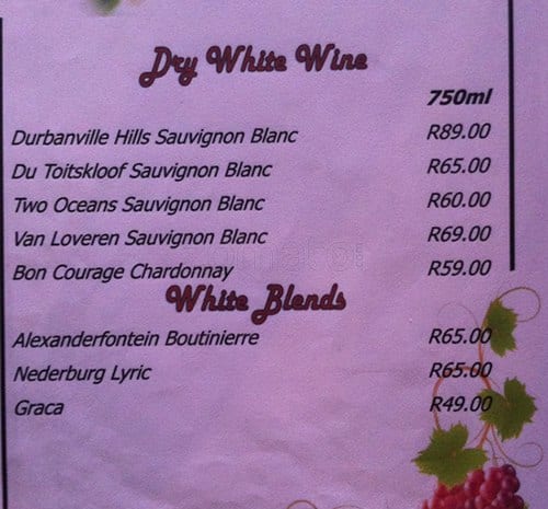 Menu at Coimbra Restaurant, Durban