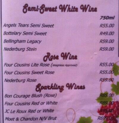 Menu at Coimbra Restaurant, Durban