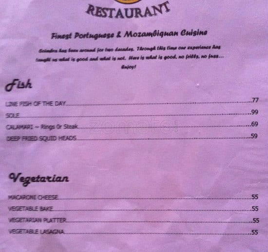 Menu at Coimbra Restaurant, Durban