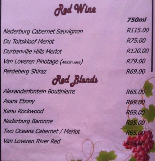 Menu at Coimbra Restaurant, Durban