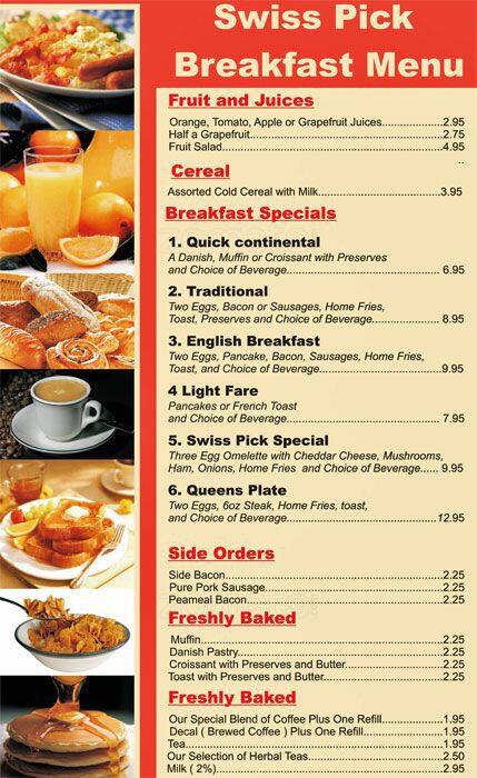 Menu at Swiss Pick Restaurant, Toronto
