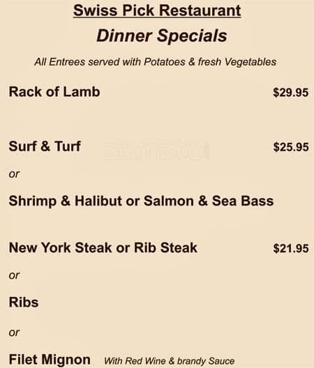 Menu at Swiss Pick Restaurant, Toronto