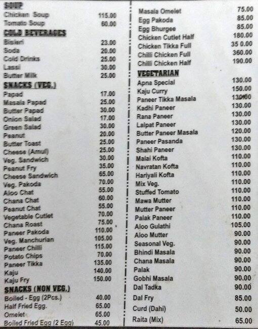 Hotel Apna Restaurant Menu, Menu for Hotel Apna Restaurant, Sarwate Bus ...