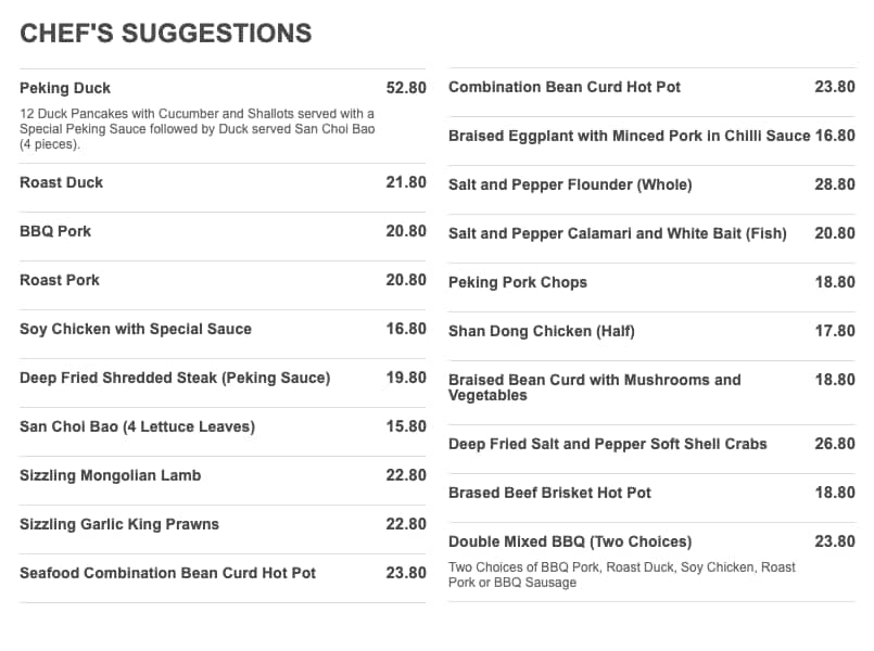 Menu at Hongfa Chinese BBQ Dee Why, Dee Why