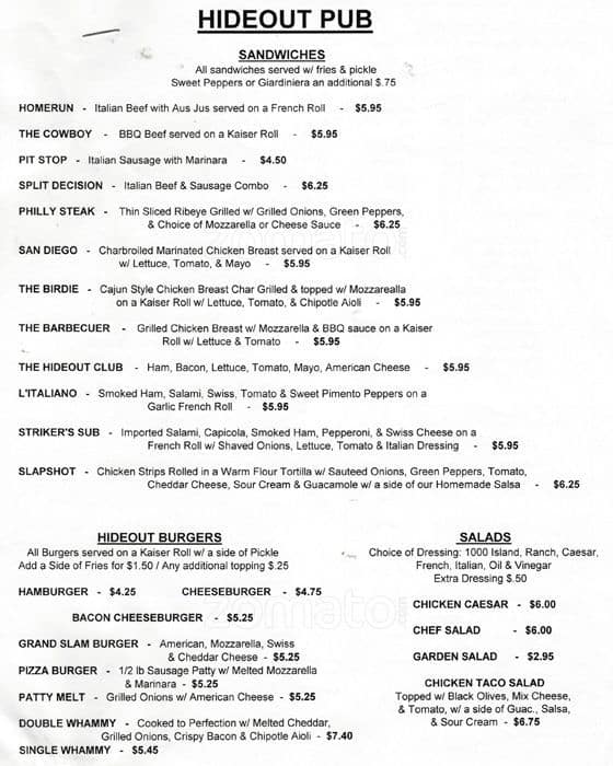 Menu at Hideout Pub, Arlington Heights