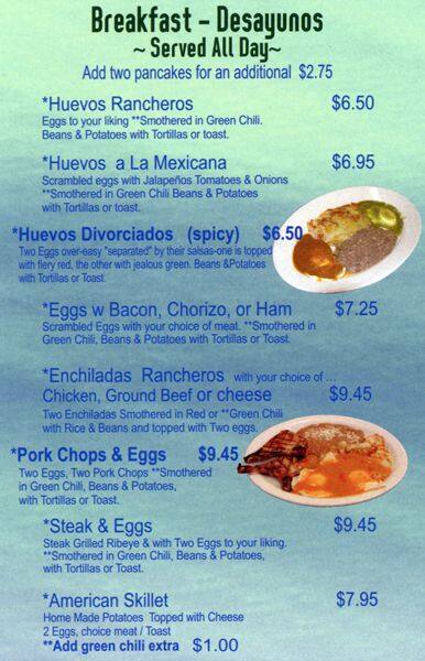 Menu at la costa restaurant, Aurora