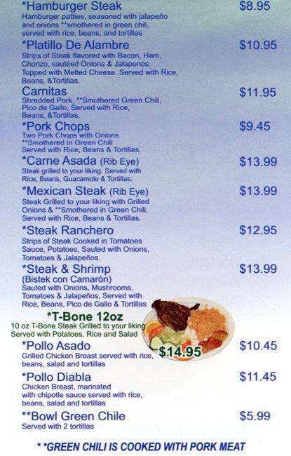 Menu at la costa restaurant, Aurora