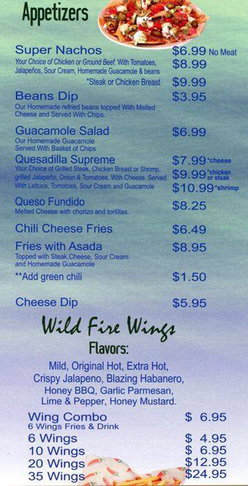 Menu at la costa restaurant, Aurora