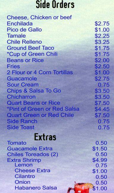 Menu at la costa restaurant, Aurora