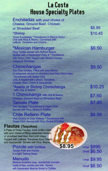 Menu at la costa restaurant, Aurora