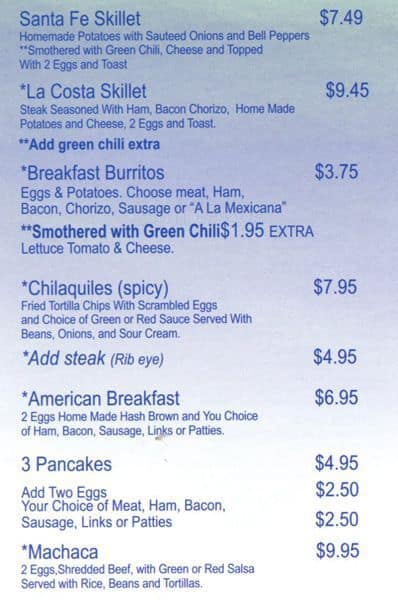 Menu at la costa restaurant, Aurora