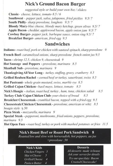 Menu at Nick's Old Original Roast Beef restaurant, Philadelphia, S 20th St