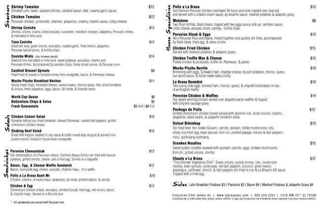 Menu at La Brasa restaurant, Oklahoma City, NW 25th St