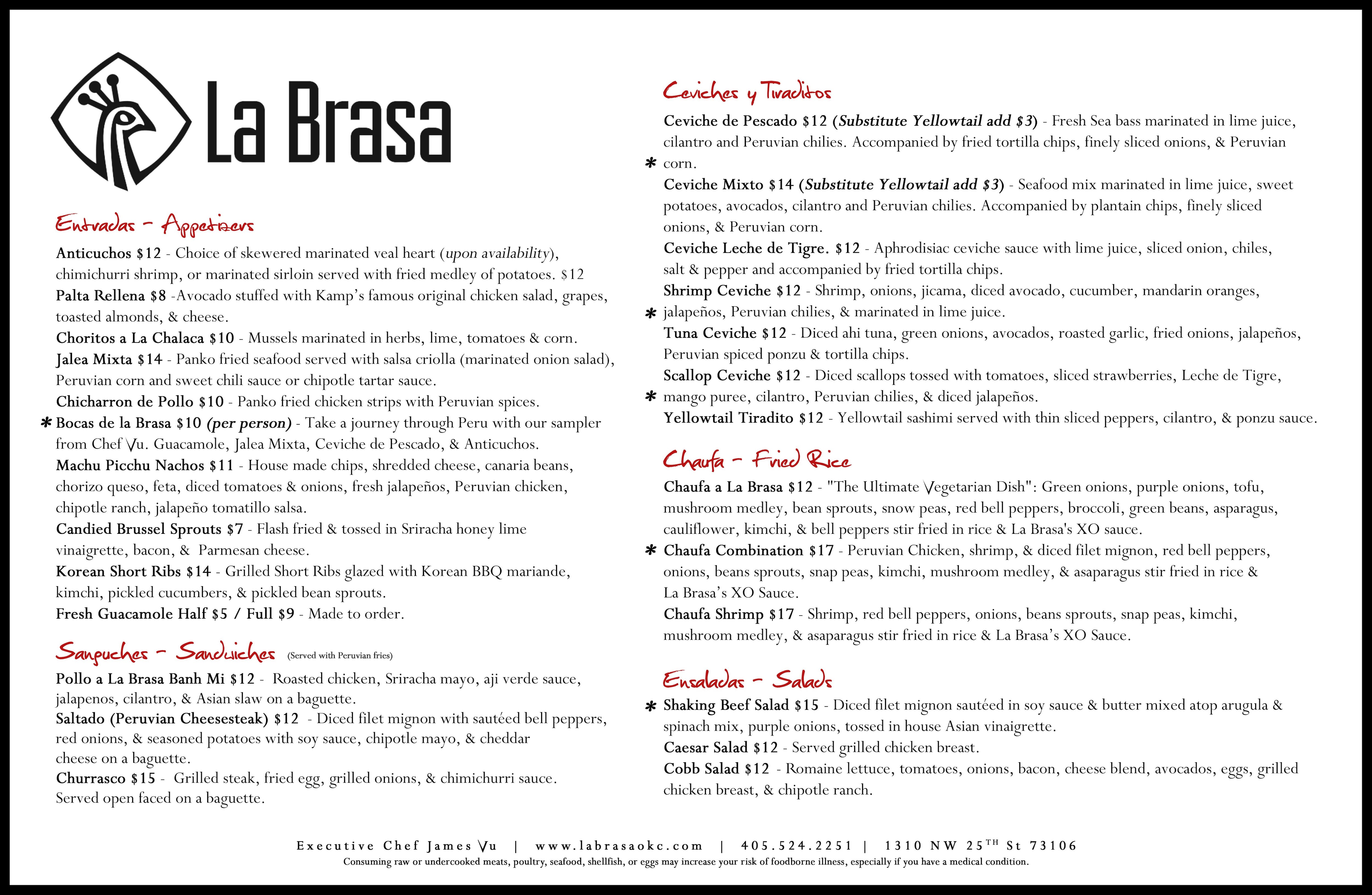 Menu at La Brasa restaurant, Oklahoma City, NW 25th St