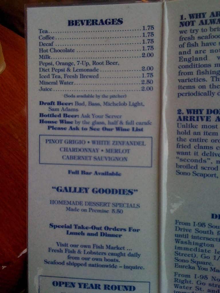 Menu at Sono Seaport Seafood restaurant, Norwalk