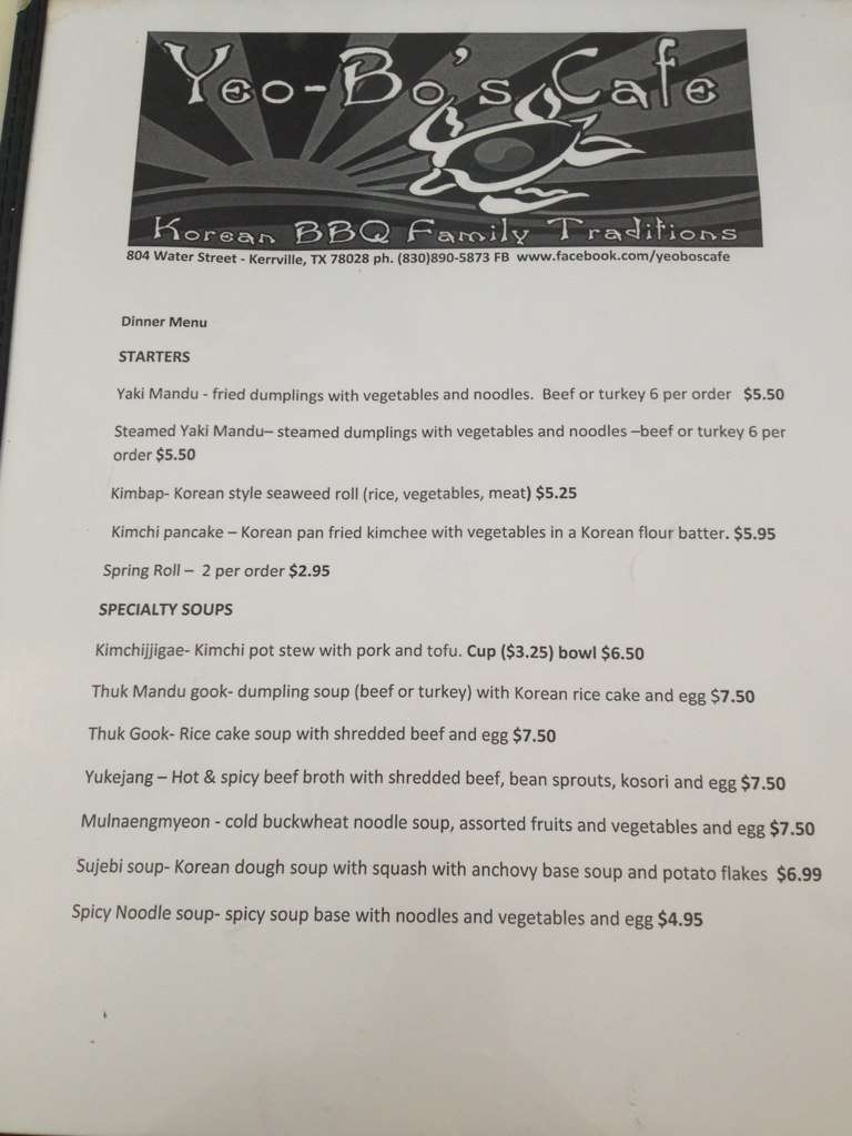 Menu at Yeo Bo's Cafe, Kerrville