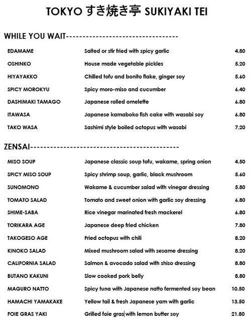 Menu at Tokyo Sukiyaki Tei restaurant, London