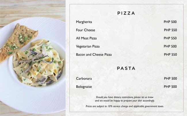 Menu at Feria restaurant, Cebu City