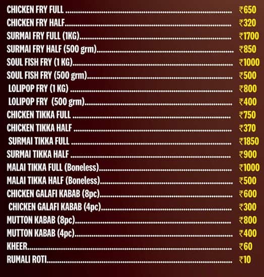 Menu of Haji Mohd Hussain Chicken And Fish Fry, Jasola, New Delhi