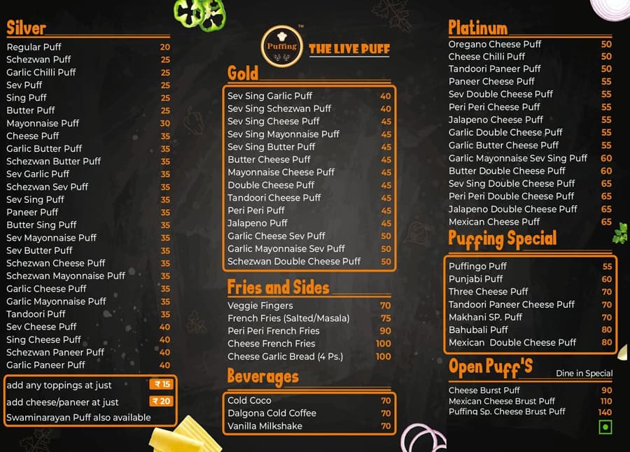 Menu of Puffing The Live Puff, Satellite, Ahmedabad