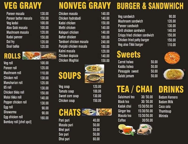 Menu of Bombay Darbar, Vasanth Nagar, Bangalore