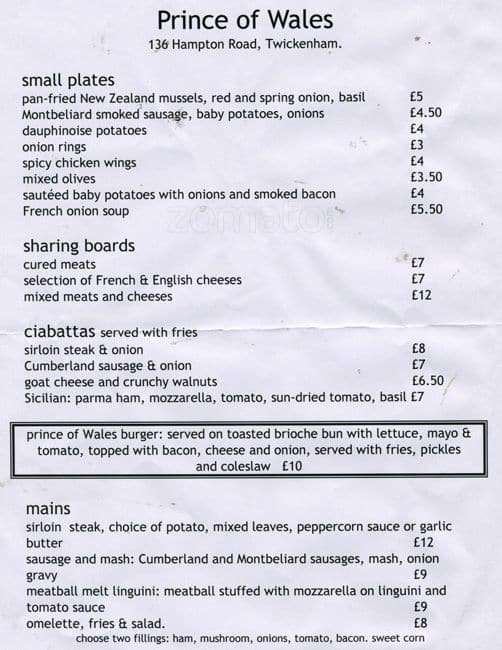 Menu at The Prince of Wales Pub, Twickenham, Prince of Wales