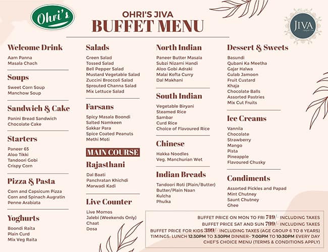 Menu of Ohri's Jiva, Begumpet, Hyderabad