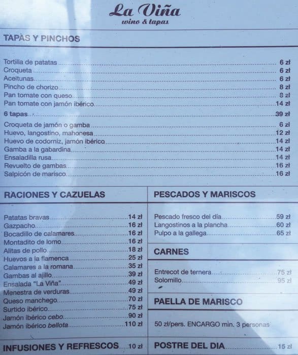Menu at La Viña Bar Tapas, Warsaw