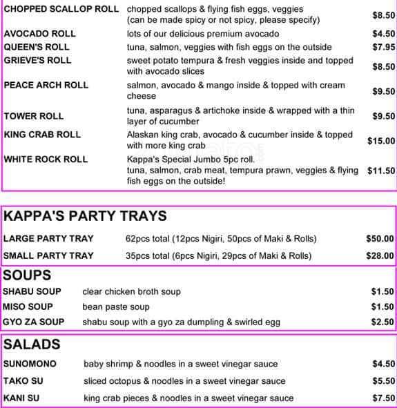 Menu at Kappa Japanese Restaurant, White Rock