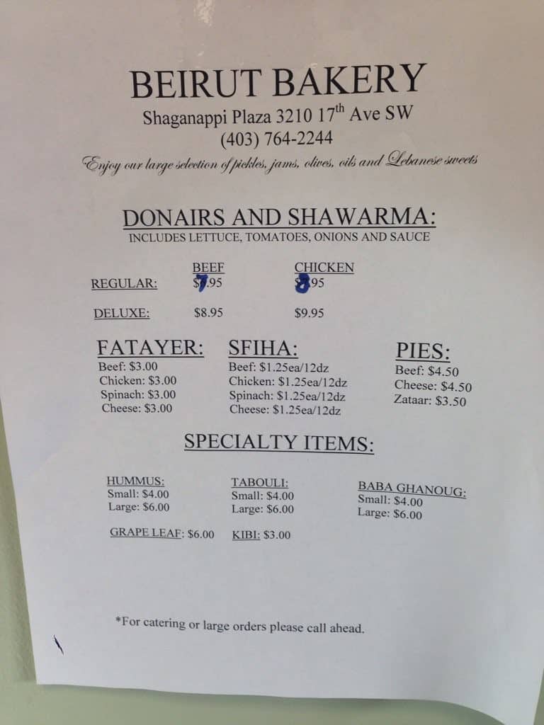 Menu at A Taste of Beirut Bakery, Calgary