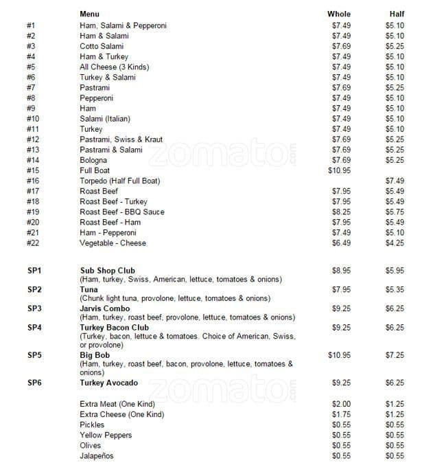 Sub Shop #8 menu, Menu restauracji Sub Shop #8, Renton, Renton ...