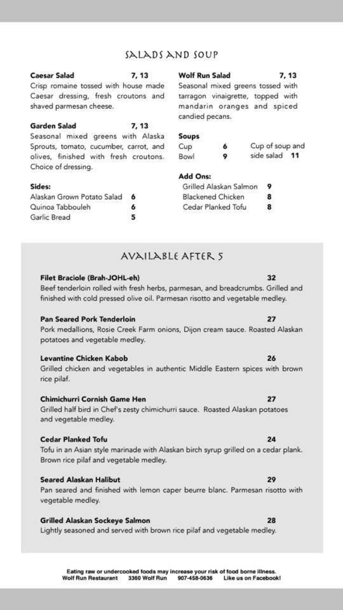 Menu at Wolf Run desserts, Fairbanks