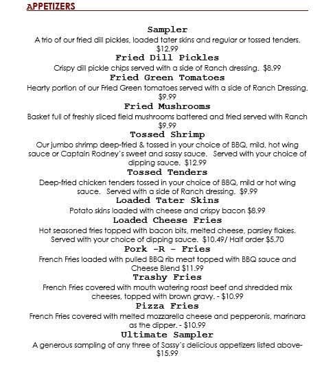 Menu at Sassy's Restaurant, Hurley