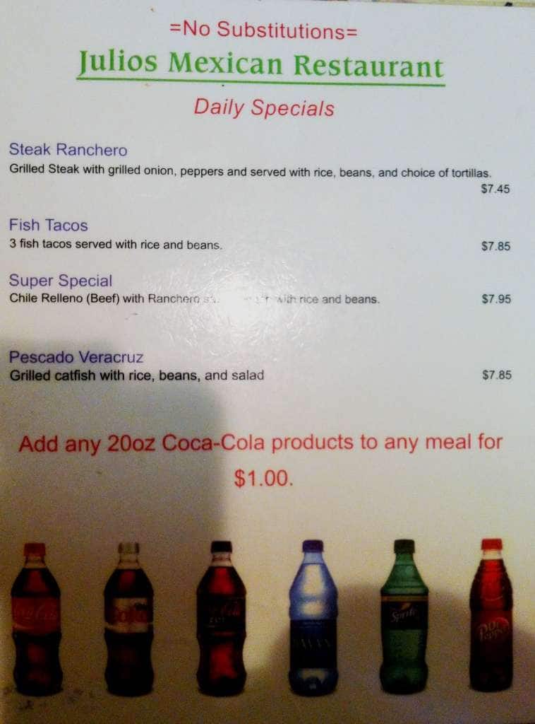 Menu at Julio's Mexican Restaurant, Lawton