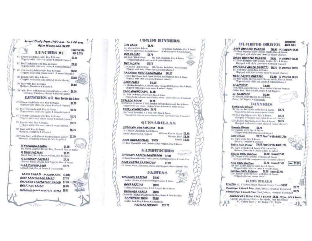 Menu at El Rincon restaurant, White Oak, 209 W US Hwy 80