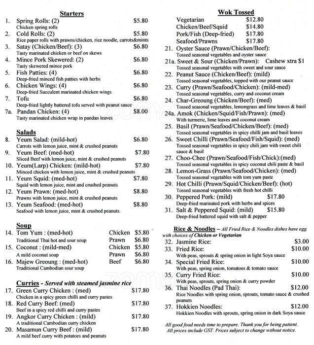 Menu at Angkor Restaurant, Woodville