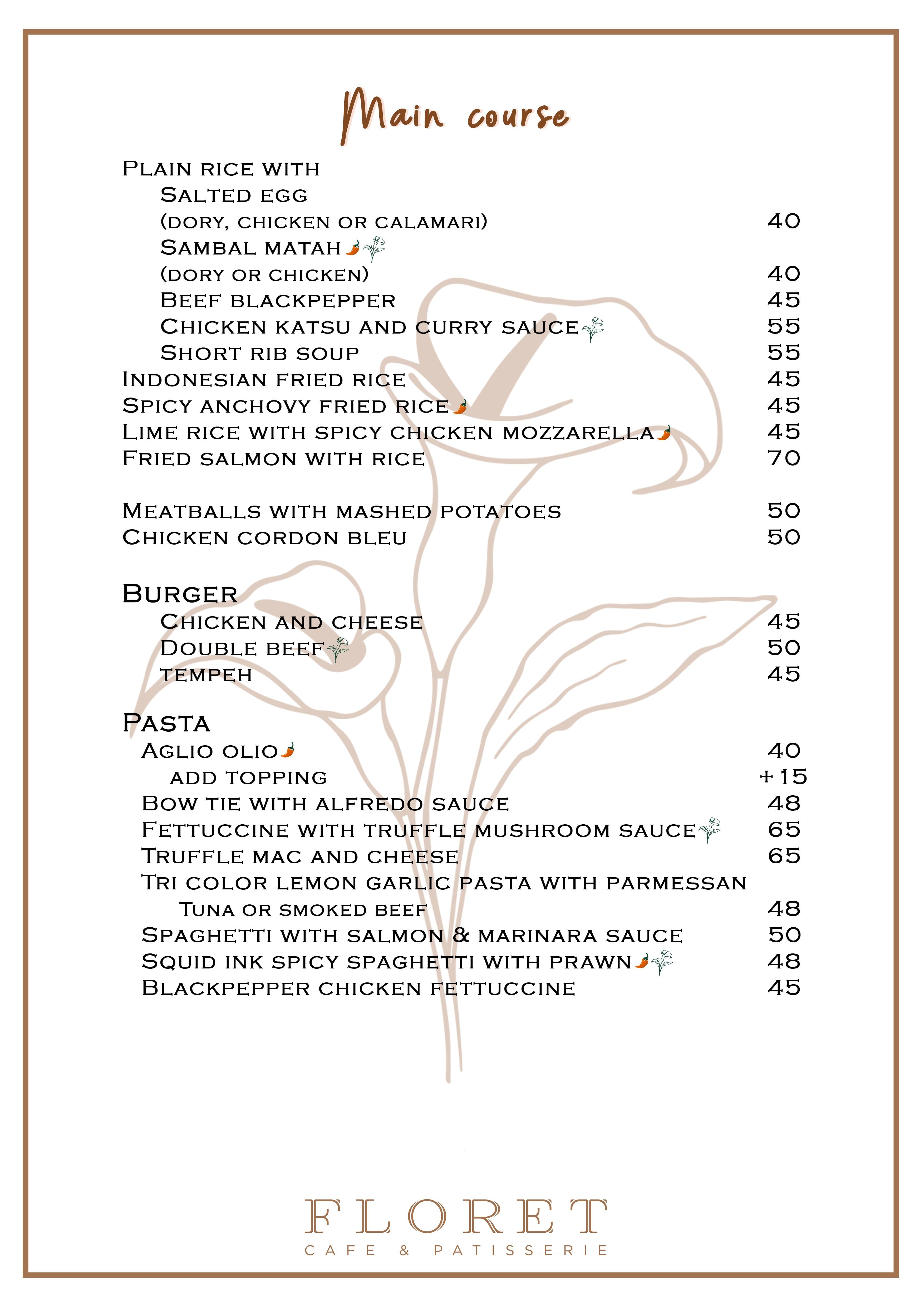 Menu at Floret Patisserie cafe, South Jakarta, Jl. Sultan Iskandar Muda