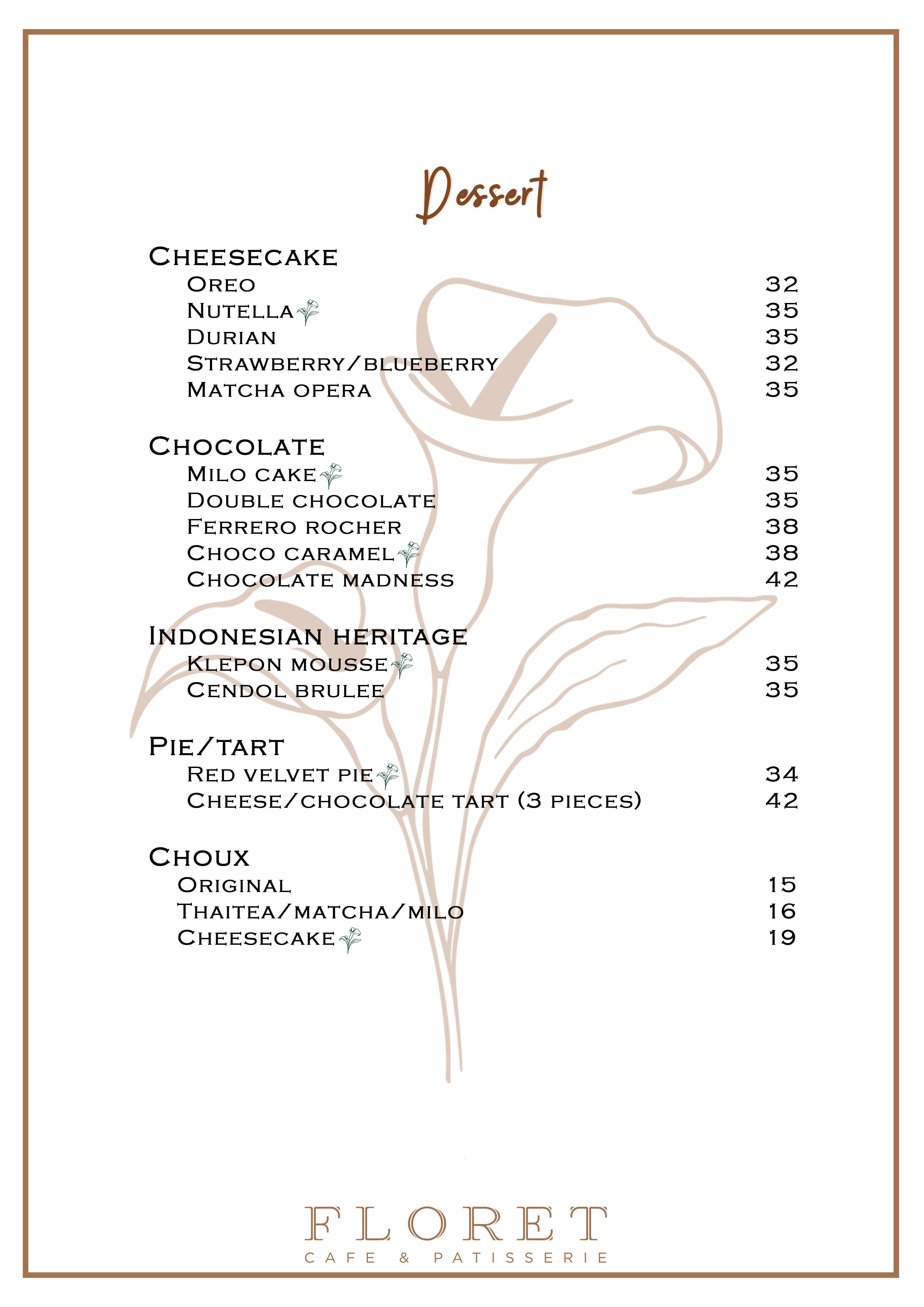 Menu at Floret Patisserie cafe, South Jakarta, Jl. Sultan Iskandar Muda