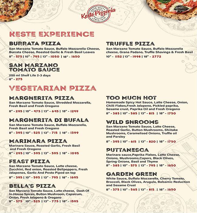 Menu of Keste Pizzeria, Veera Desai Area, Mumbai