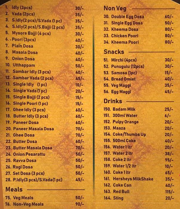 Menu of VJ Alpaharam, Alwal, Secunderabad