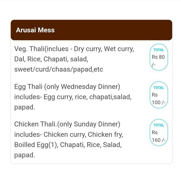 Menu of Arusai Mess, Expressway, Pune
