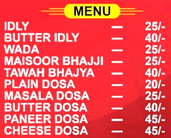 Menu of Begum Bazar Dosa, Falaknuma, Hyderabad