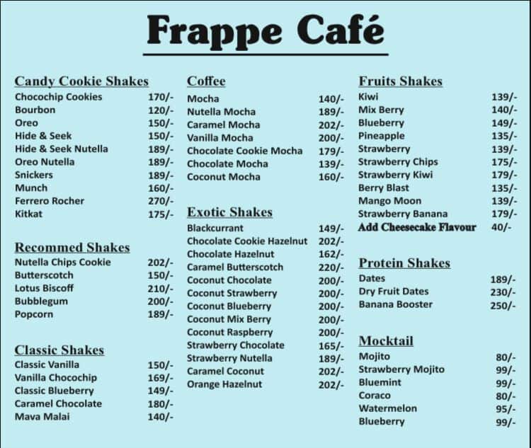 Menu of Frappe Cafe, Malad West, Mumbai