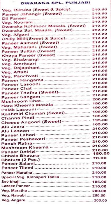 Menu at Hotel Dwarka, Mumbai, near