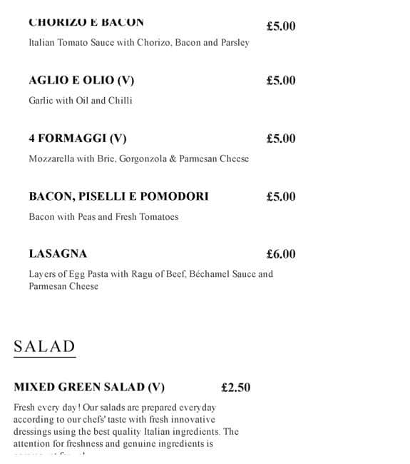 Menu at Pepe restaurant, London, 57 St Martin's Ln
